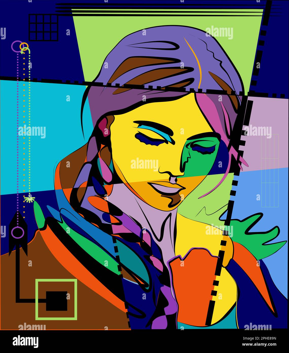 Colorful abstract background, cubism art style, girl with long brunette ...