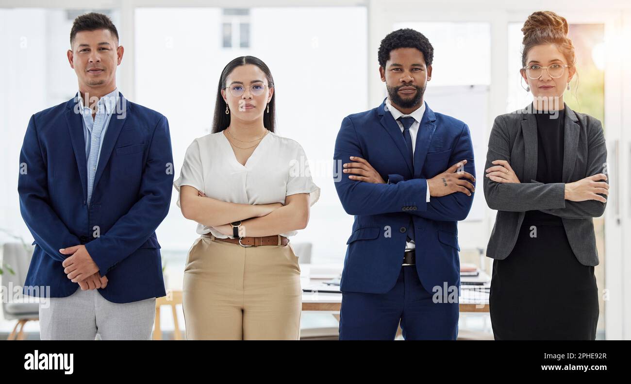 Business people, portrait and serious team with arms crossed in confidence for leadership at the ...