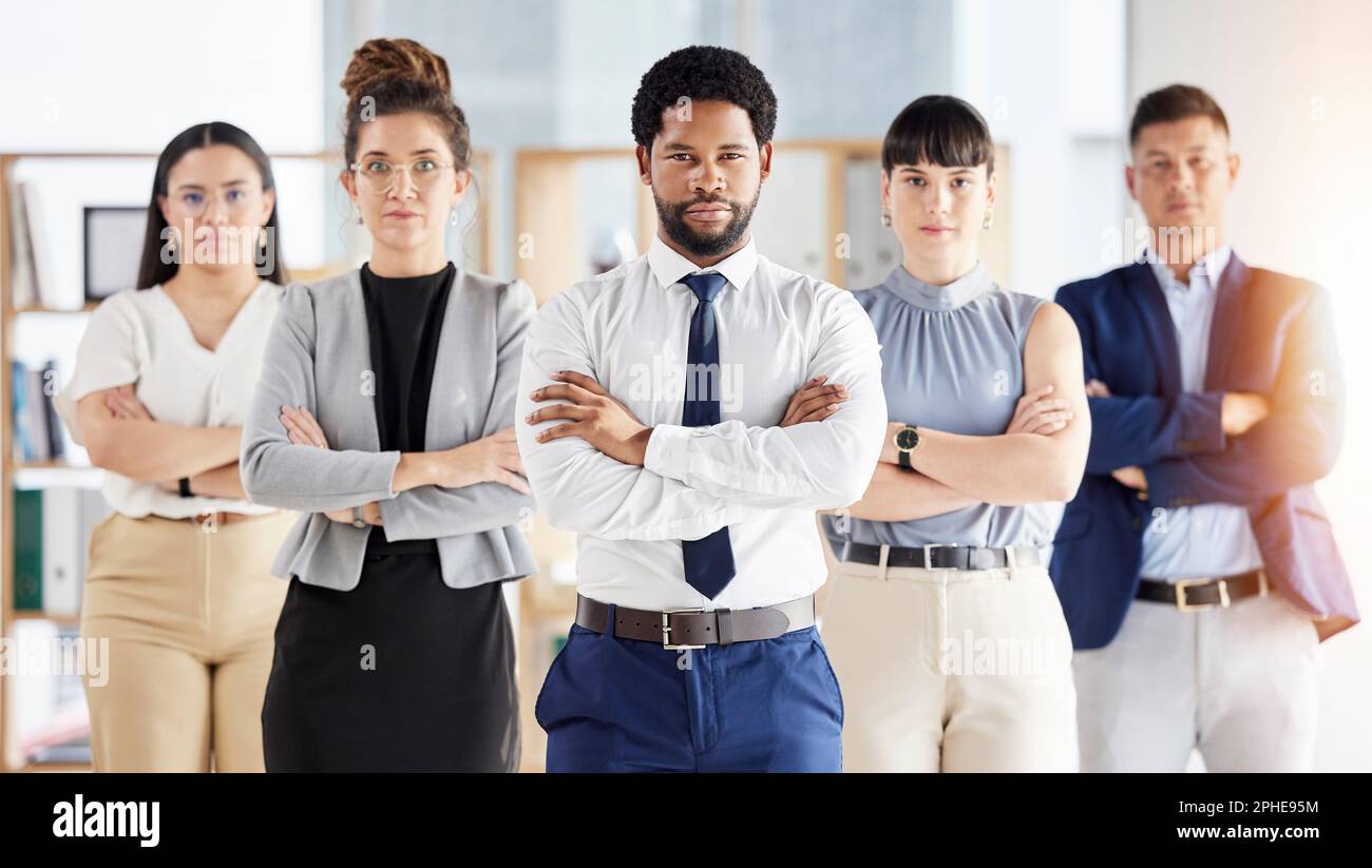 Business people, portrait and serious team with arms crossed in confidence for leadership at the ...