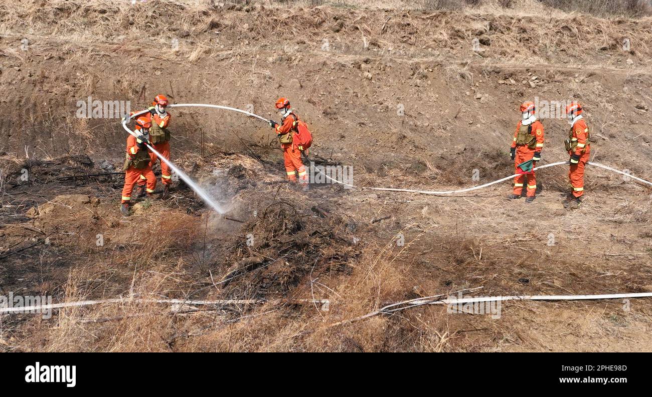 BINZHOU, CHINA - MARCH 28, 2023 - Rescuers fight a forest fire during ...