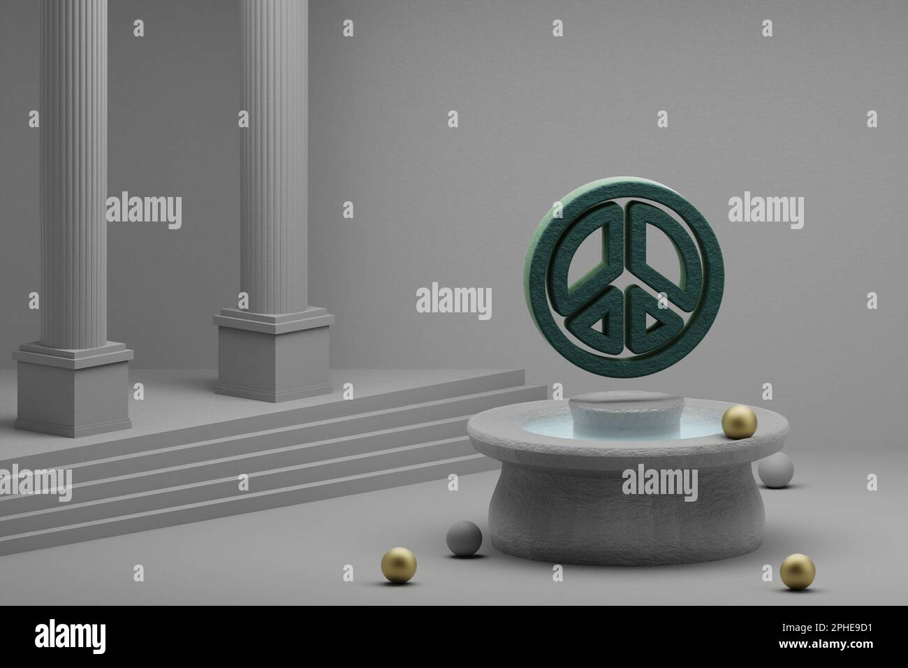 Beautiful abstract illustrations Green Peace symbol icon on a fountain and column background. 3d ...