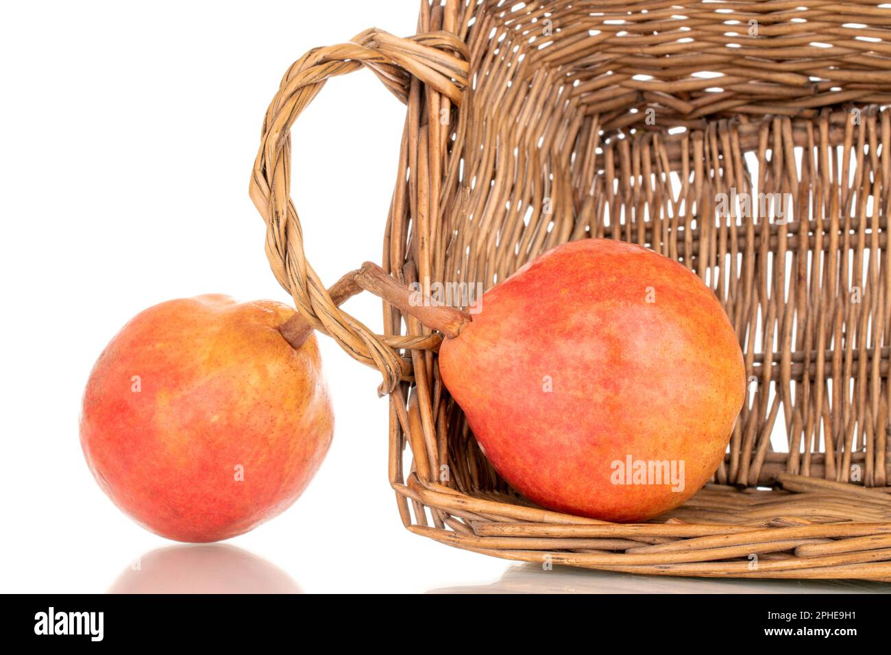 Two organic Bartlett pears with basket, macro, isolated on white ...
