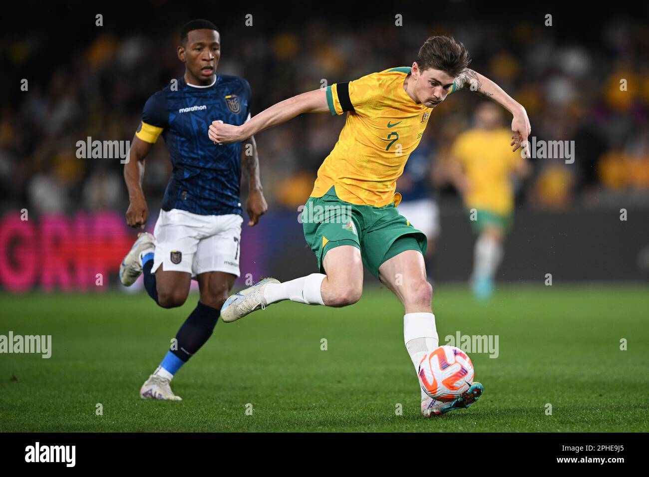 Connor Metcalfe of Australia (right) in action during the soccer match ...