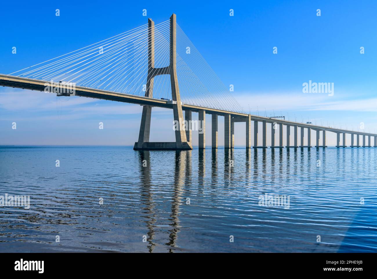 Vasco da Gama Bridge - a cable-stayed bridge with viaducts on either ...