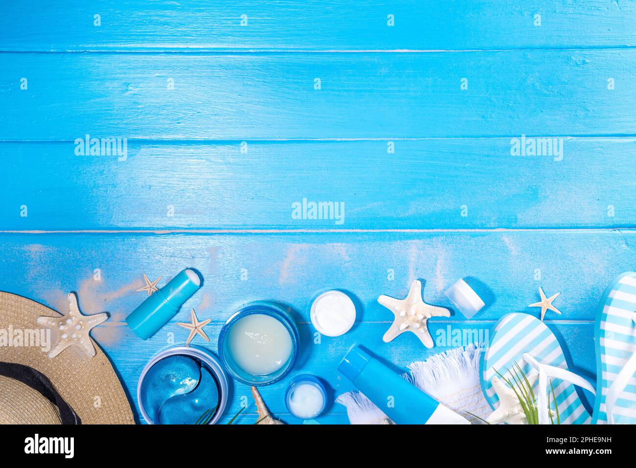Summer skin care cosmetics set. Different jars, tubes of sunscreen ...