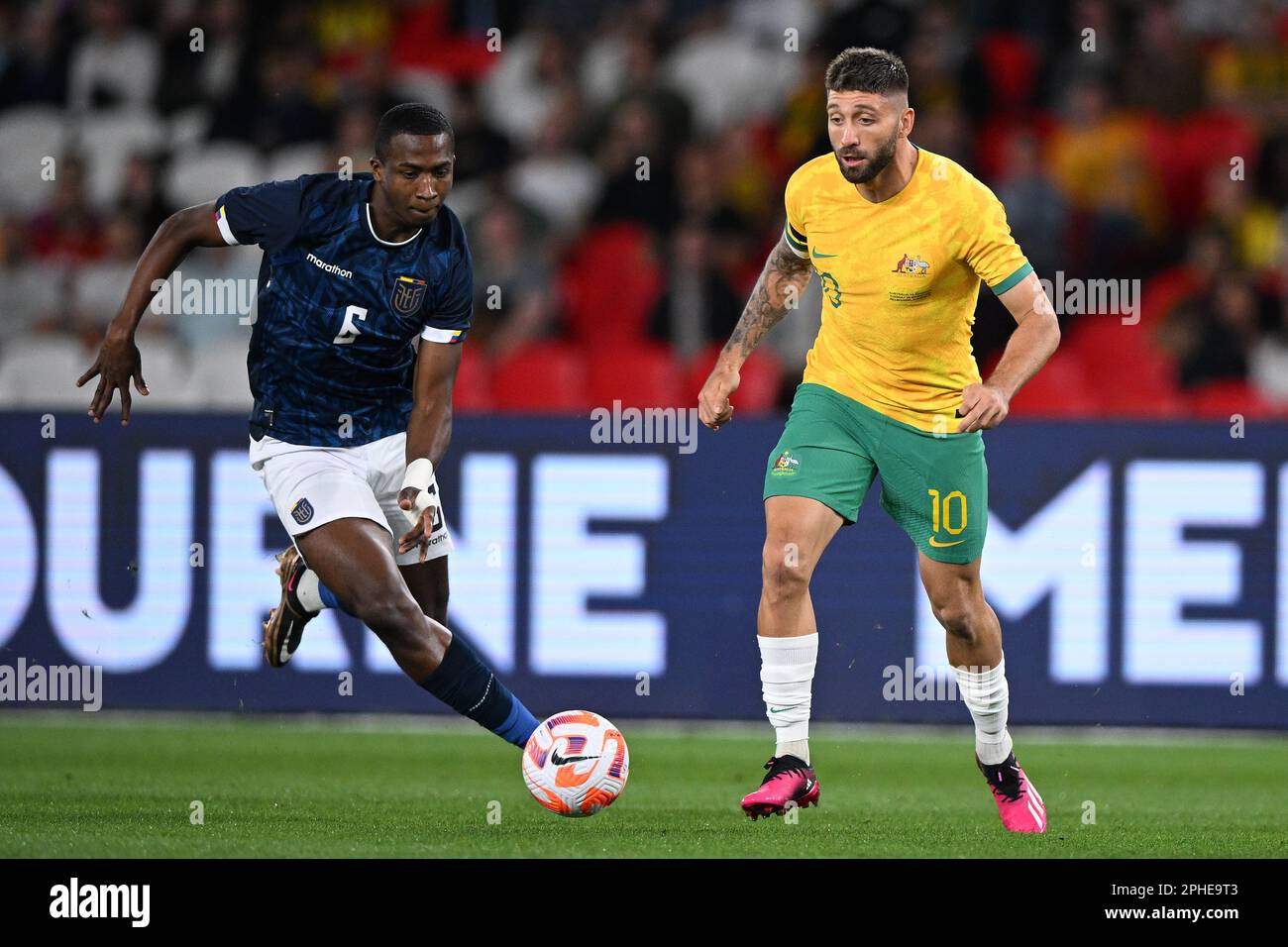 Brandon Borrello of Australia (right) in action during the soccer match ...