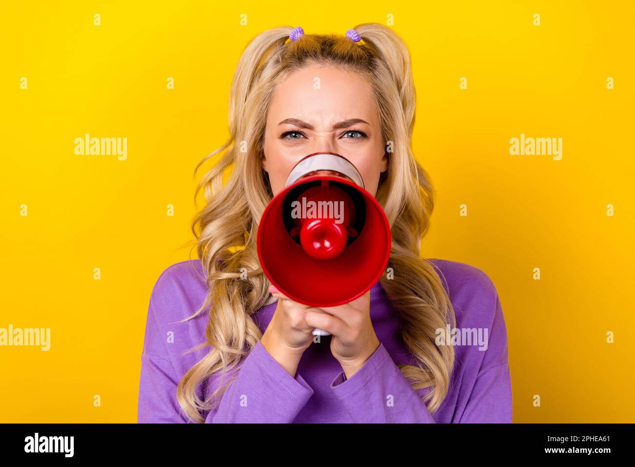 Photo portrait of attractive young woman hold shout megaphone strike ...