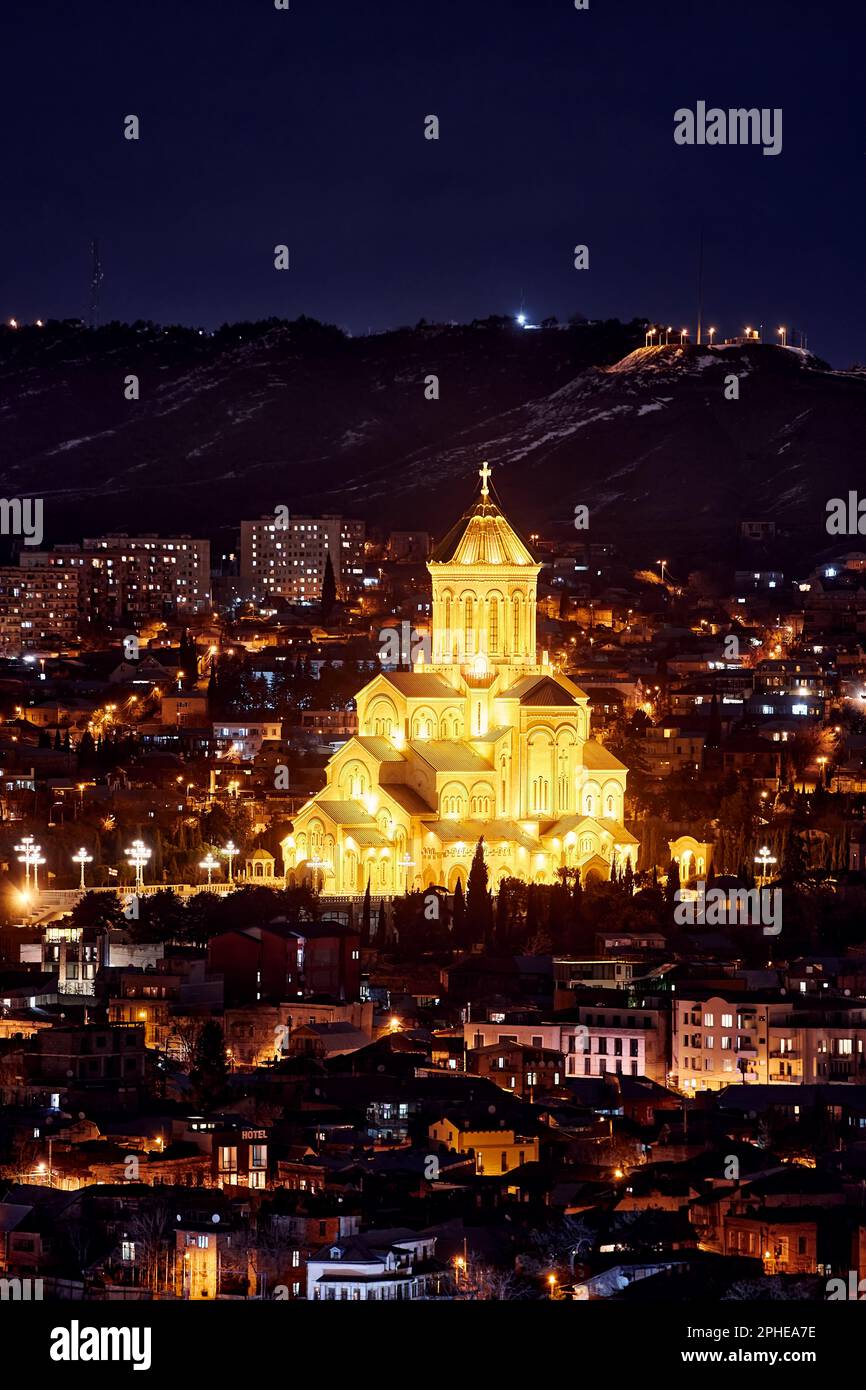 The Sameba cathedral at night. Old town of Tbilisi, Georgia Stock Photo ...