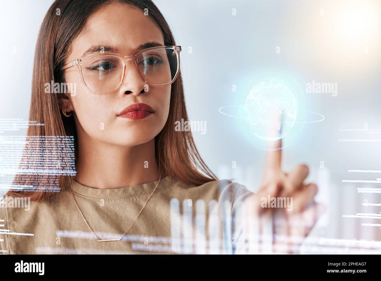 Hologram screen, coding and business woman with digital data feeling ...