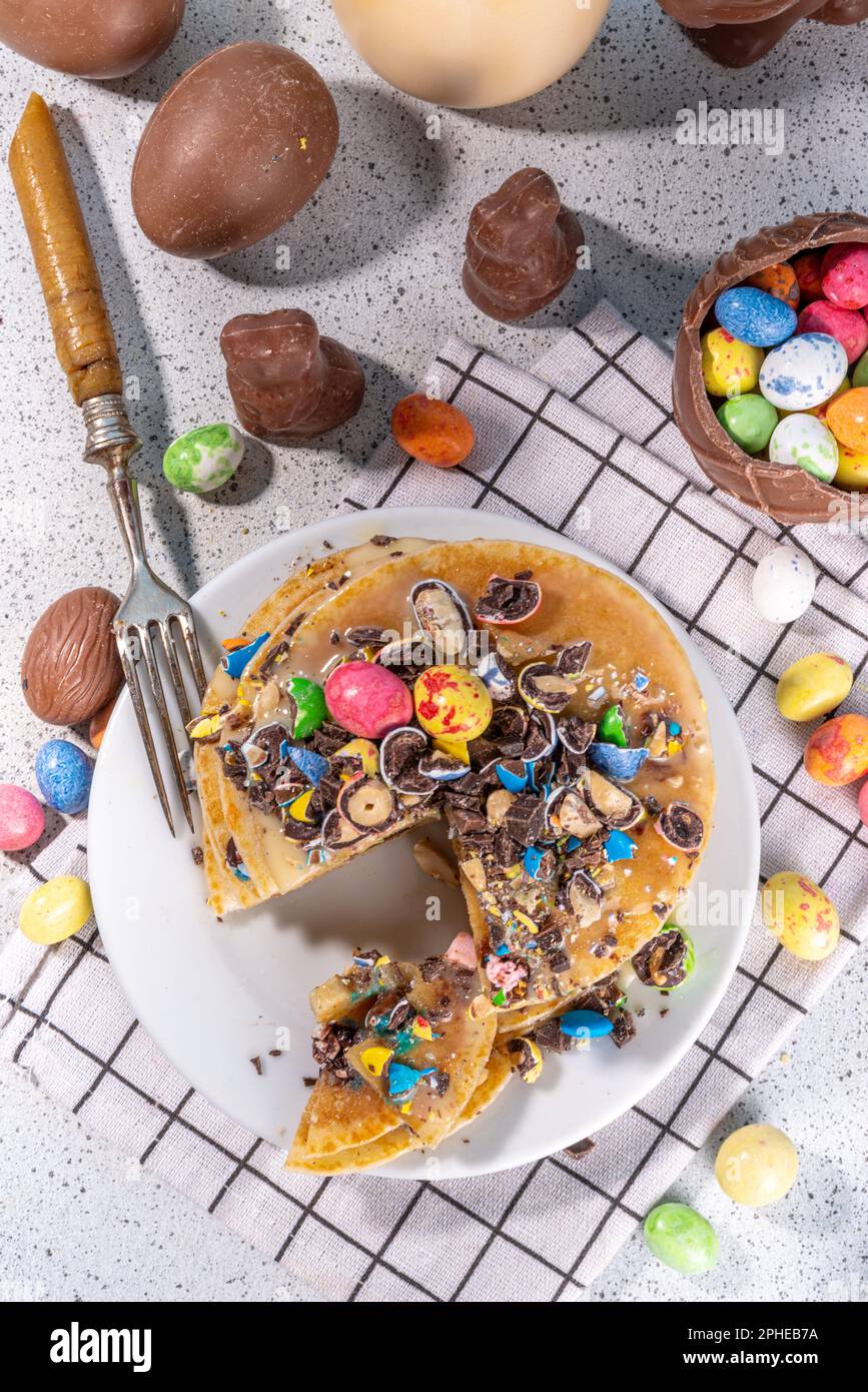 Children's funny cute breakfast for Easter. American pancakes, fried ...