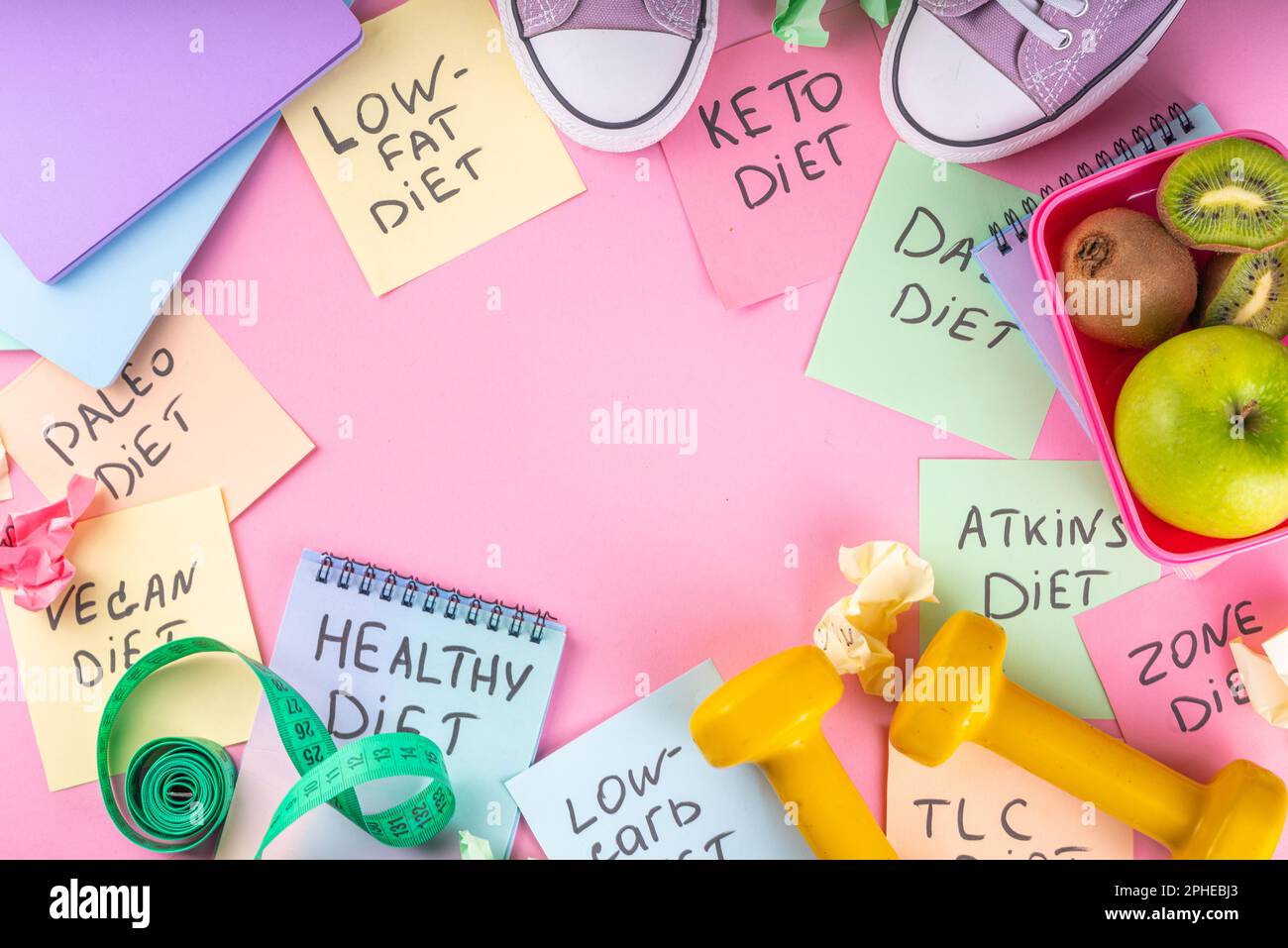 Slimming, fitness flat lay. Diet choice concept with bright handwritten ...