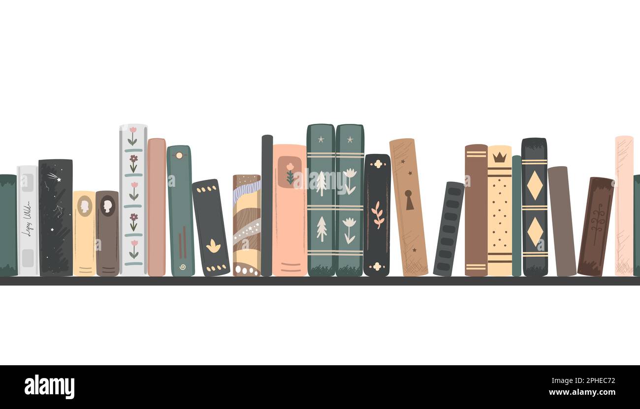 Seamless border of vintage novel and fairy tales books. Standing books composition isolated on ...