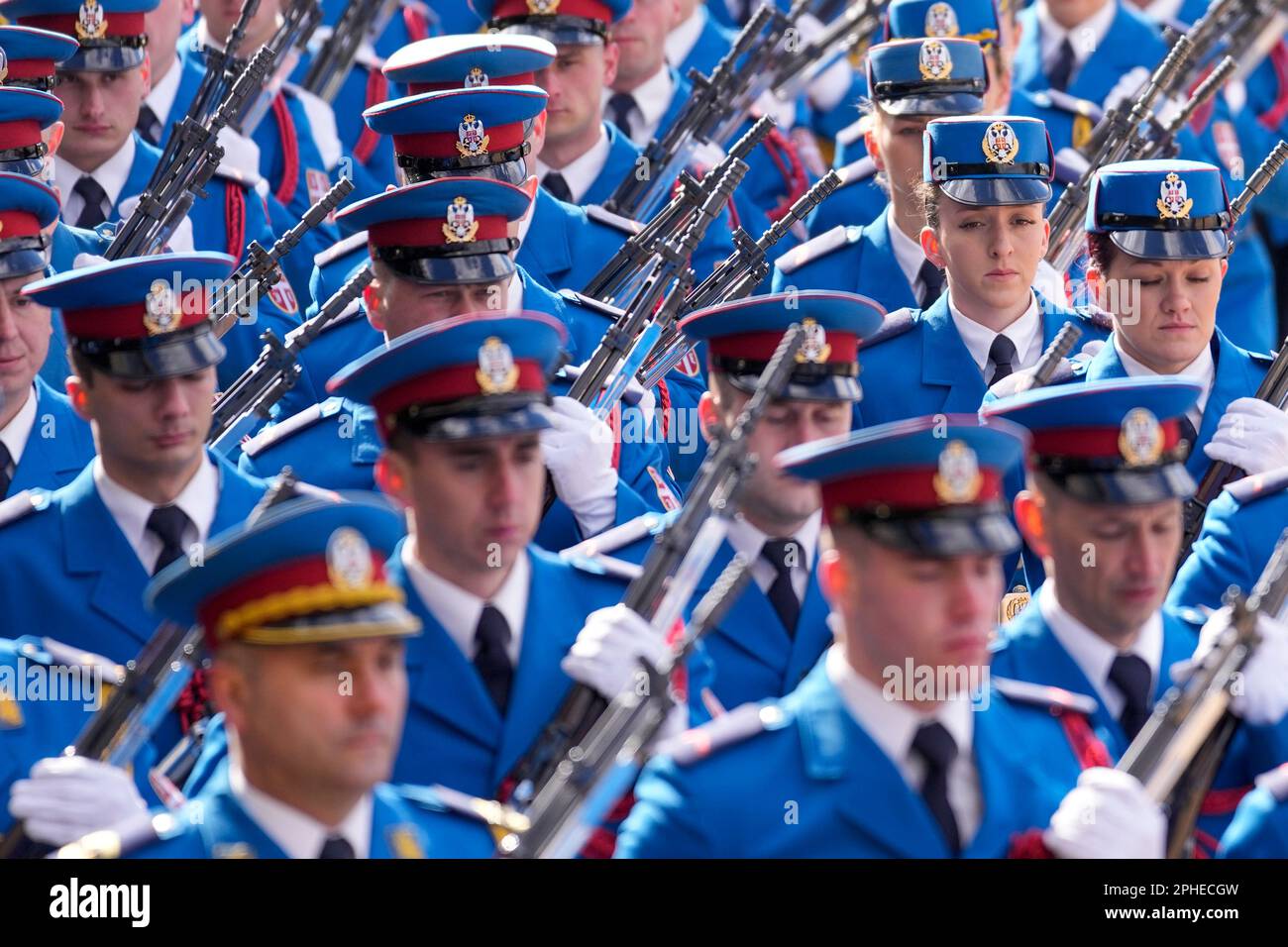 Members of the Serbian Honor guard prepare for a welcoming ceremony on ...