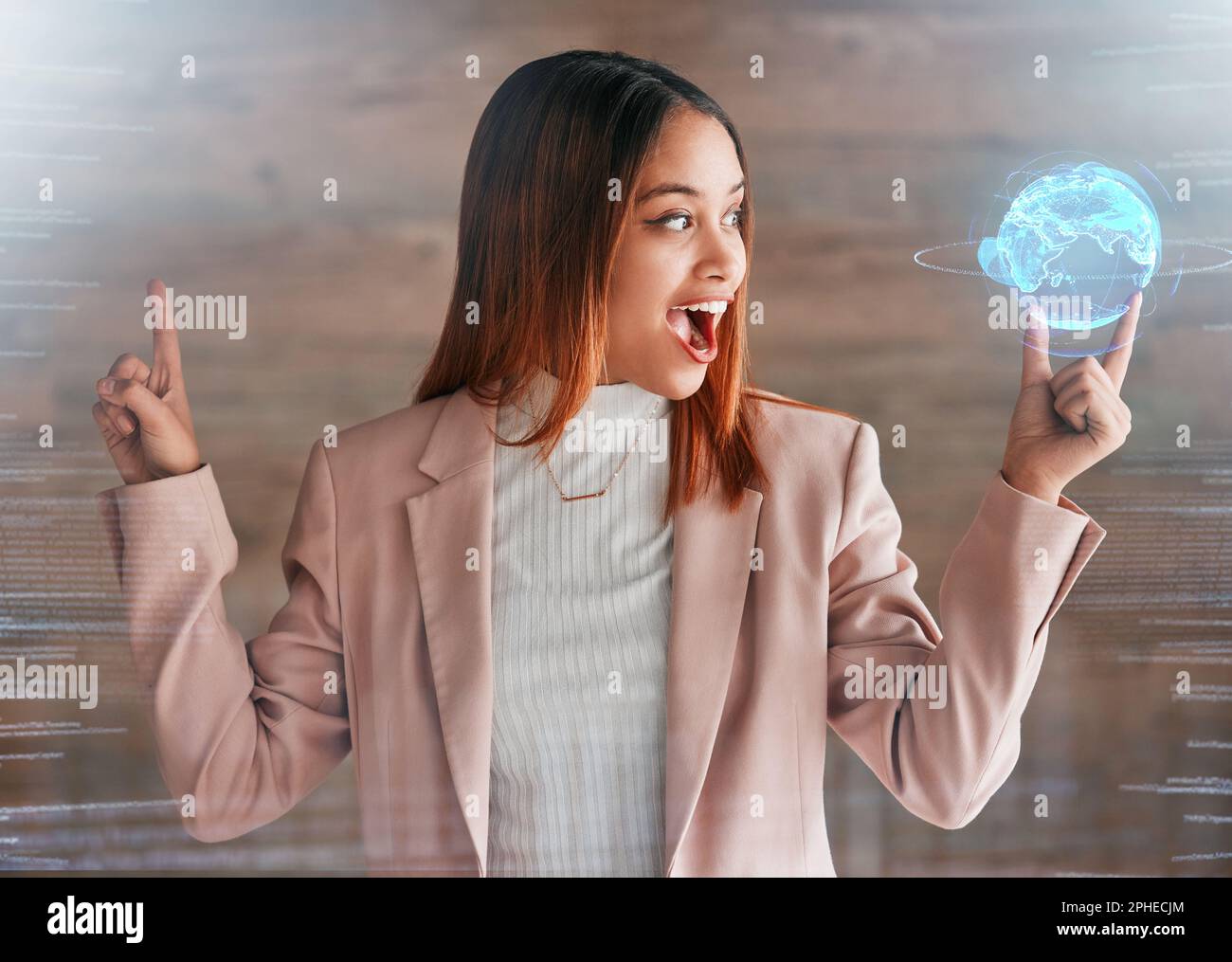 Happy woman, 3D hologram and world for global communication, futuristic ...