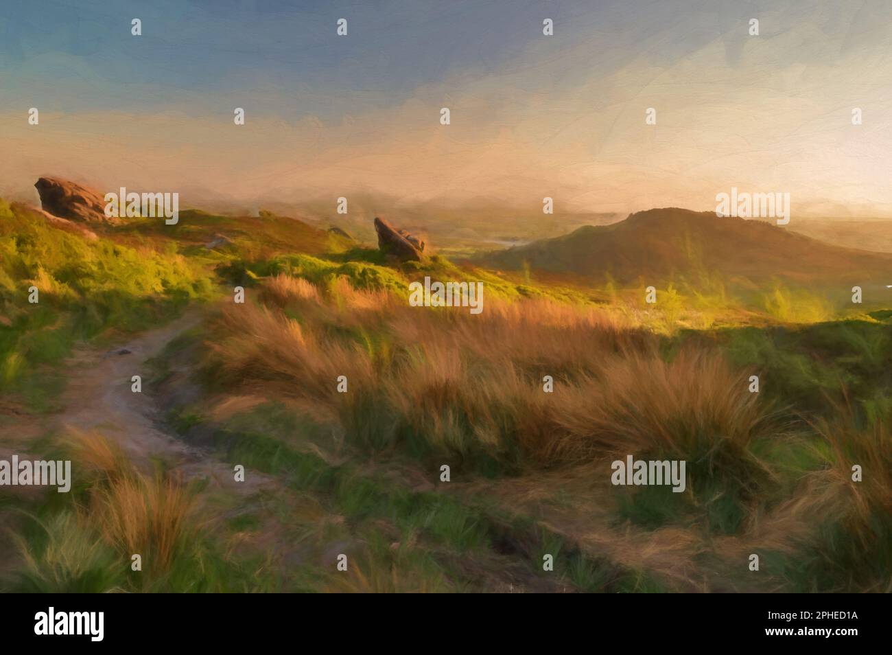 Digital painting of a panoramic view of the heather and rocks at ...