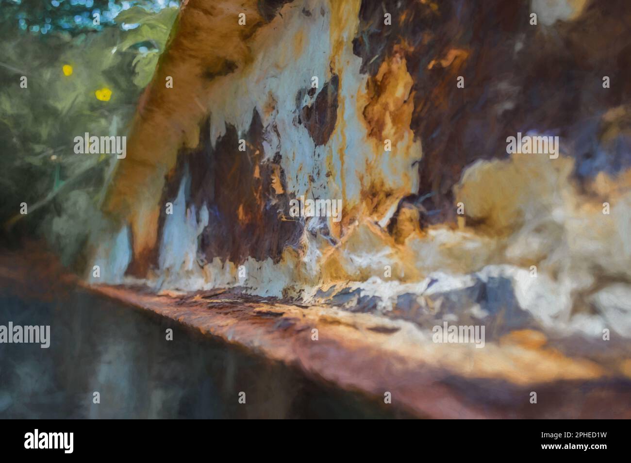 Digital painting of a rusty old iron girder with flaking white paint ...