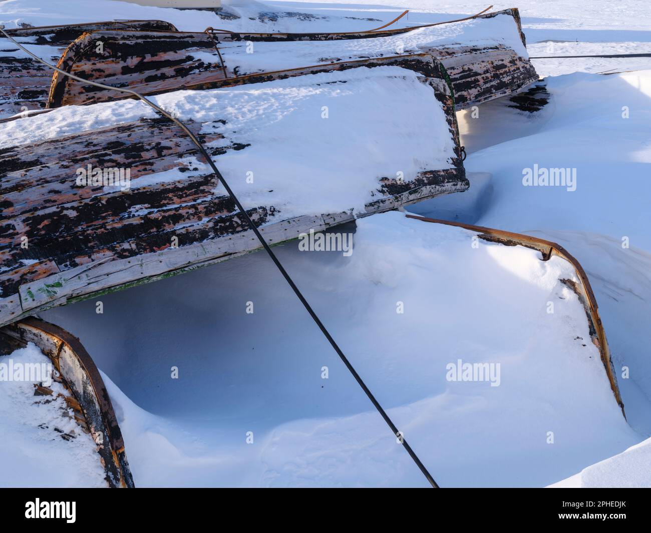 Harbour with old boats. Pyramiden, abandoned russian mining settlement ...