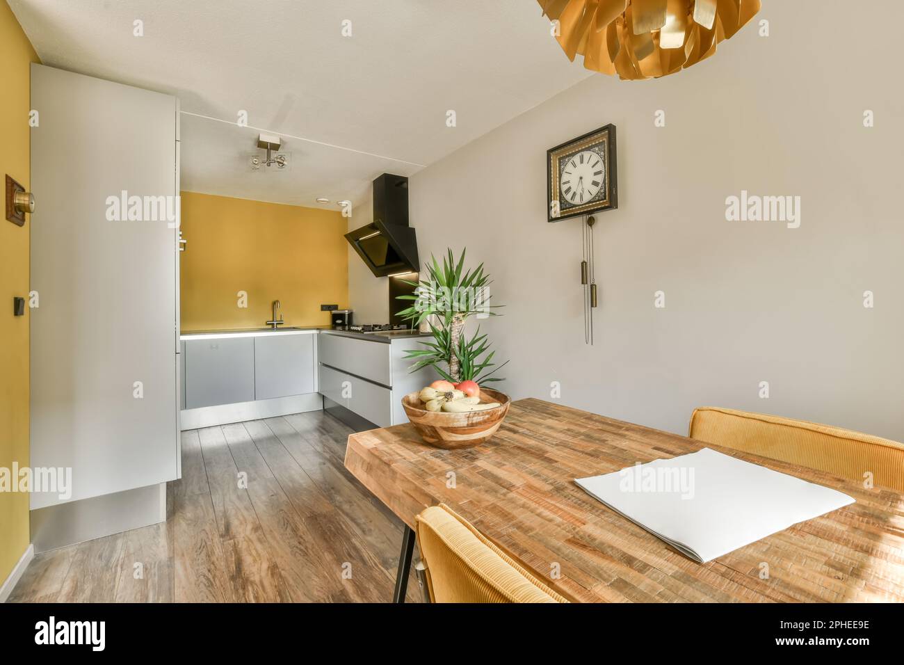 Interior design of stylish kitchen with built in appliances and wooden ...