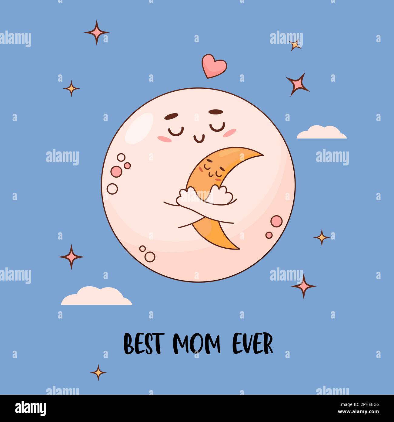 Happy cartoon character family mom moon with baby. Nostalgic holiday ...