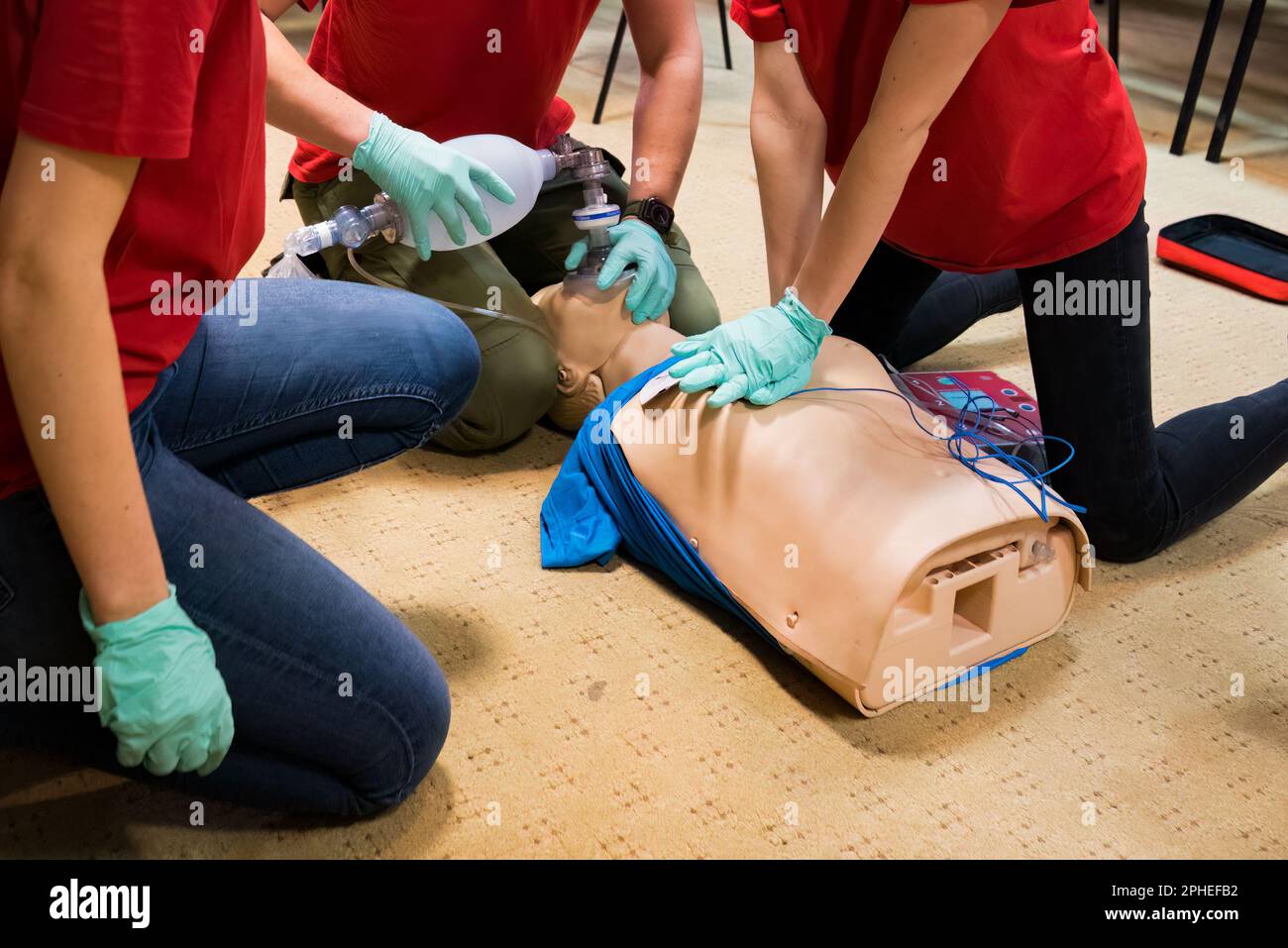 Group of people learning how to make first aid heart compressions Stock ...