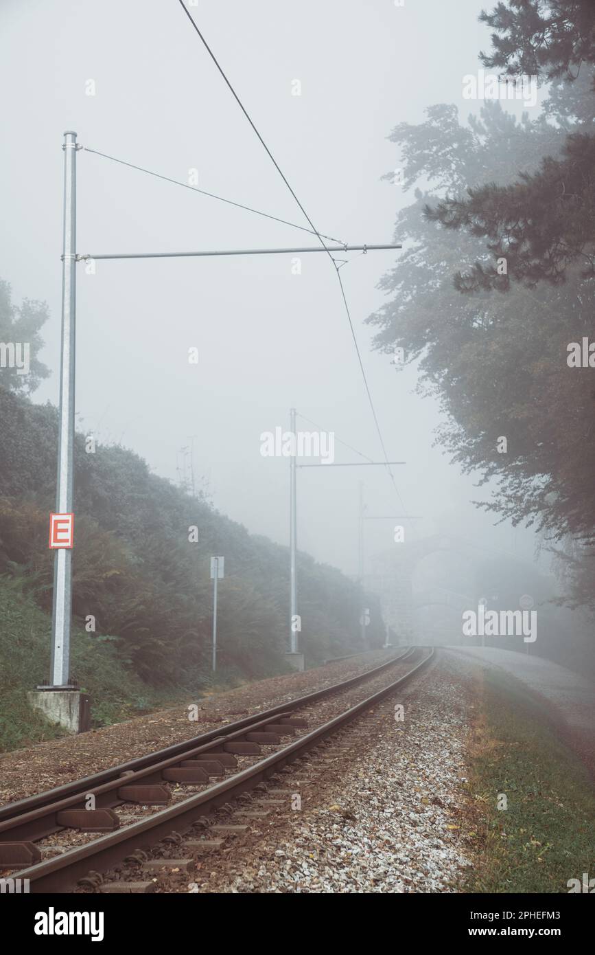 Gloomy autumn scenery with railroad and electric poles leading along ...