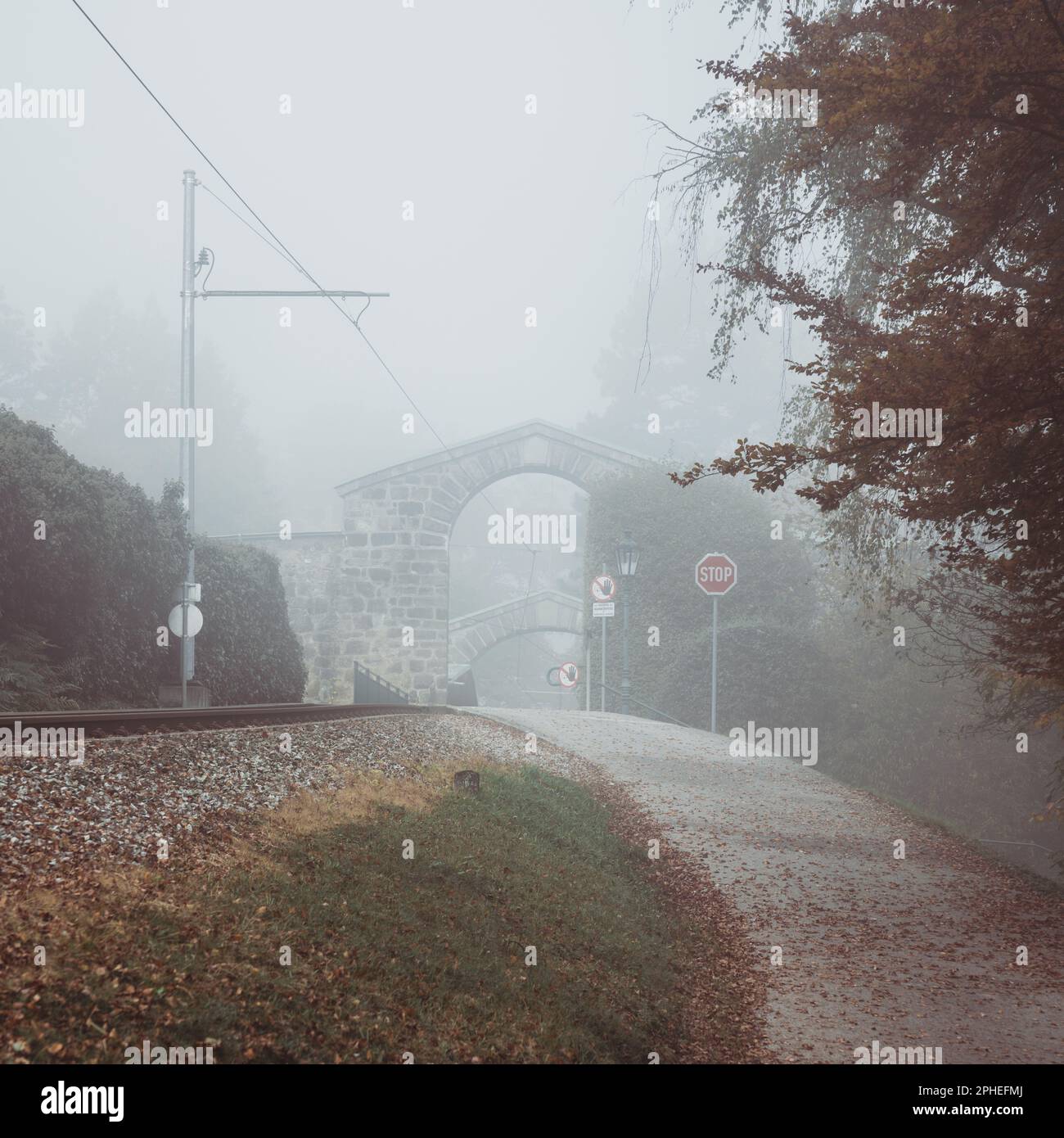 Gloomy autumn scenery with railroad and electric poles leading along ...