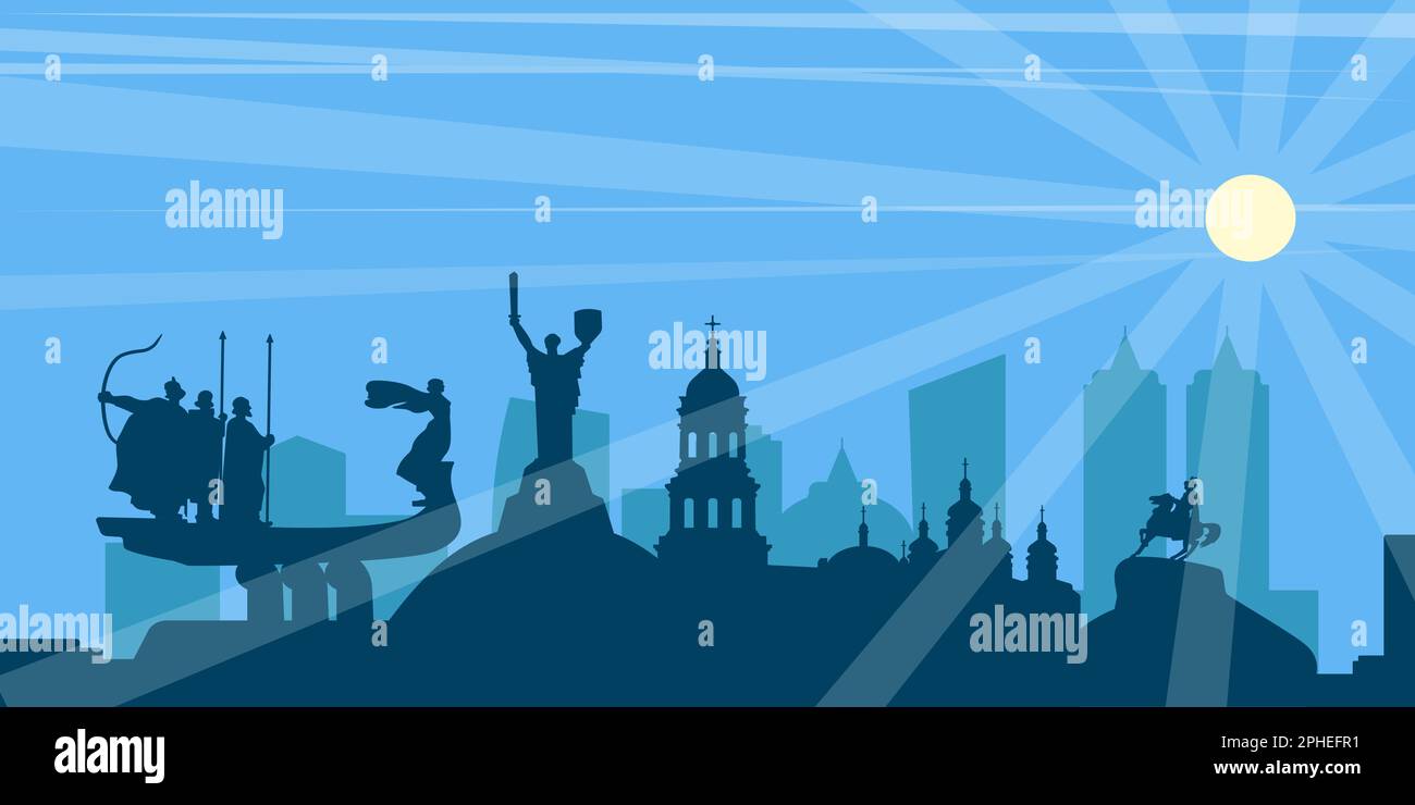 Panorama of Kyiv sunset, vector illustration of the capital of Ukraine ...