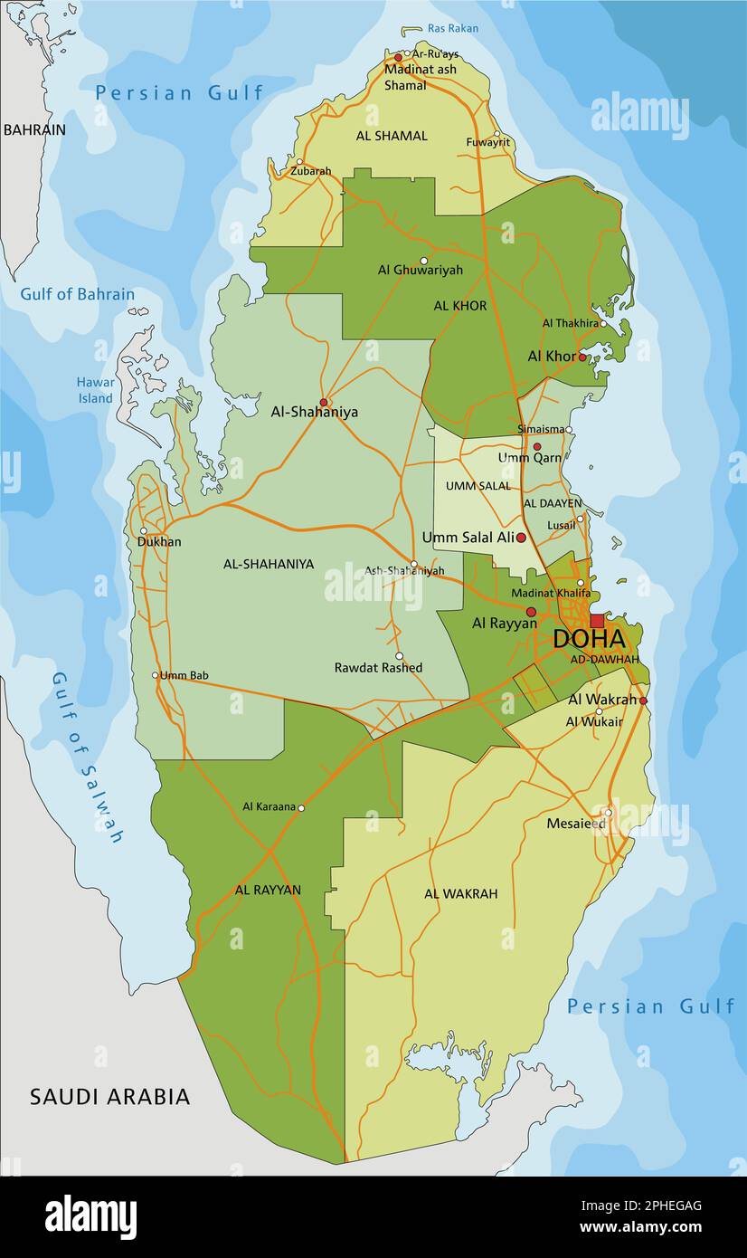 Highly detailed editable political map with separated layers. Qatar ...