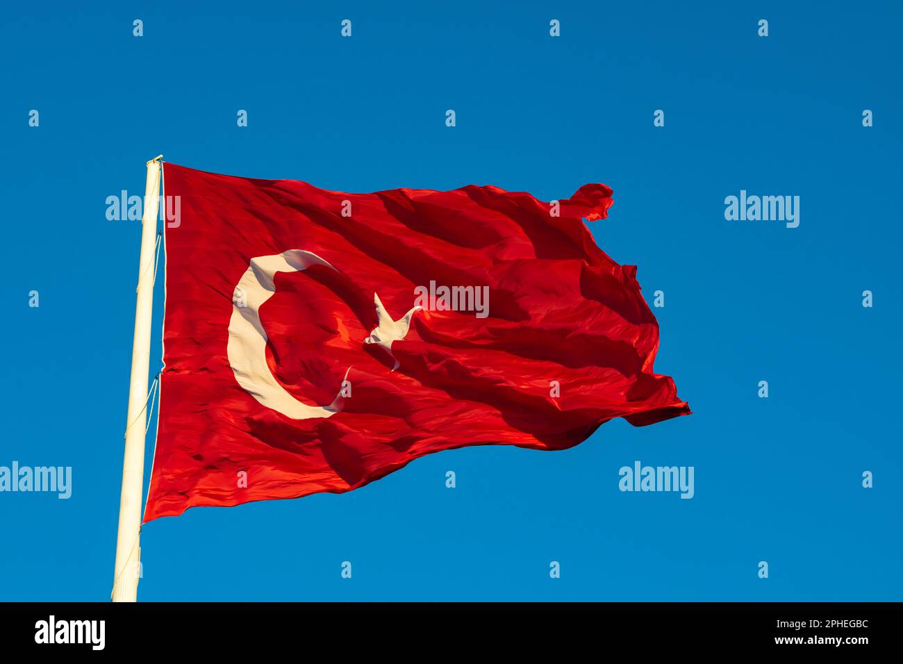 Waving Turkish Flag on blue sky background. 19 mayis or 19th may ...