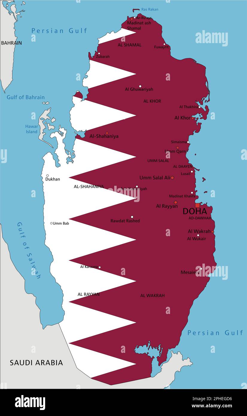 Qatar highly detailed political map with national flag isolated on ...
