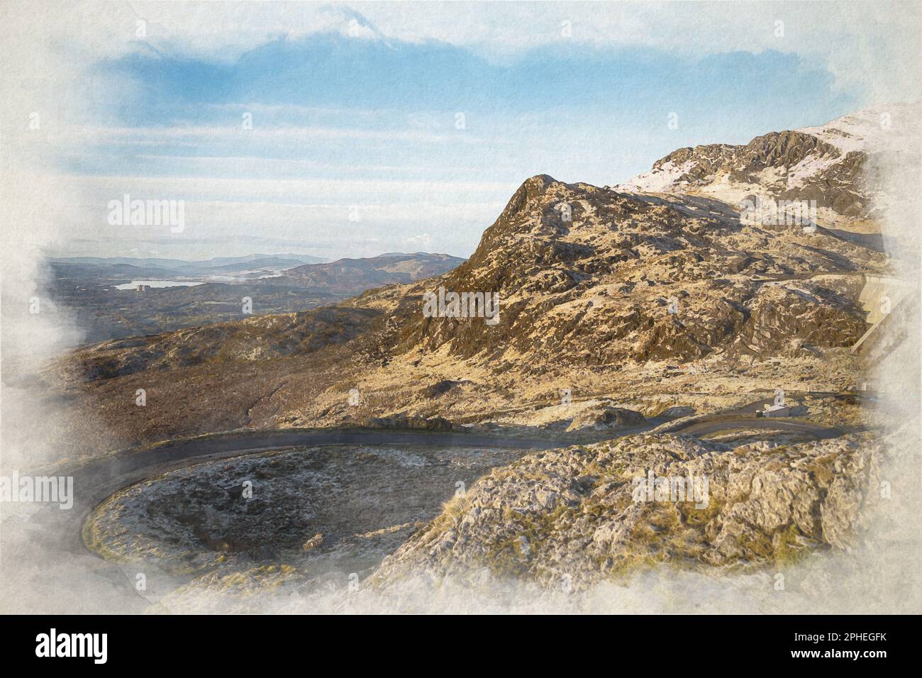 Snowdonia digital watercolor painting of Stwlan Dam and the Moelwyn ...