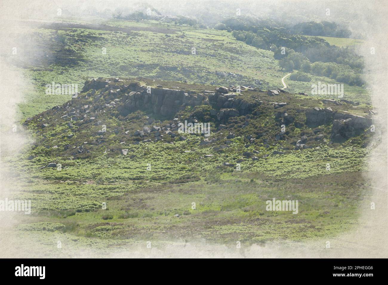 Digital watercolour painting of the view of the ancient Iron Age hill ...