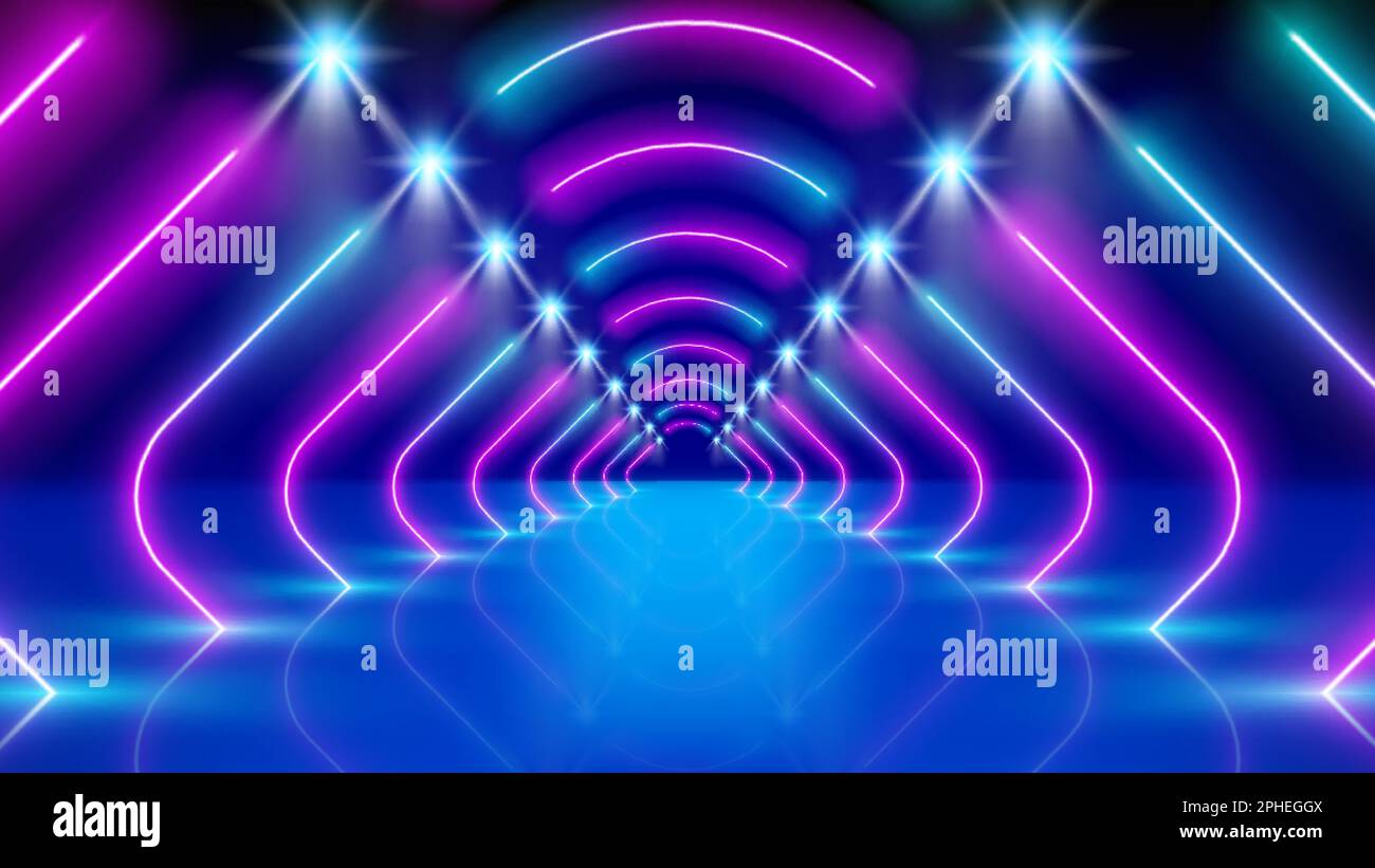 Glowing neon lines, tunnel, led arcade, stage light. Abstract technology background, virtual ...
