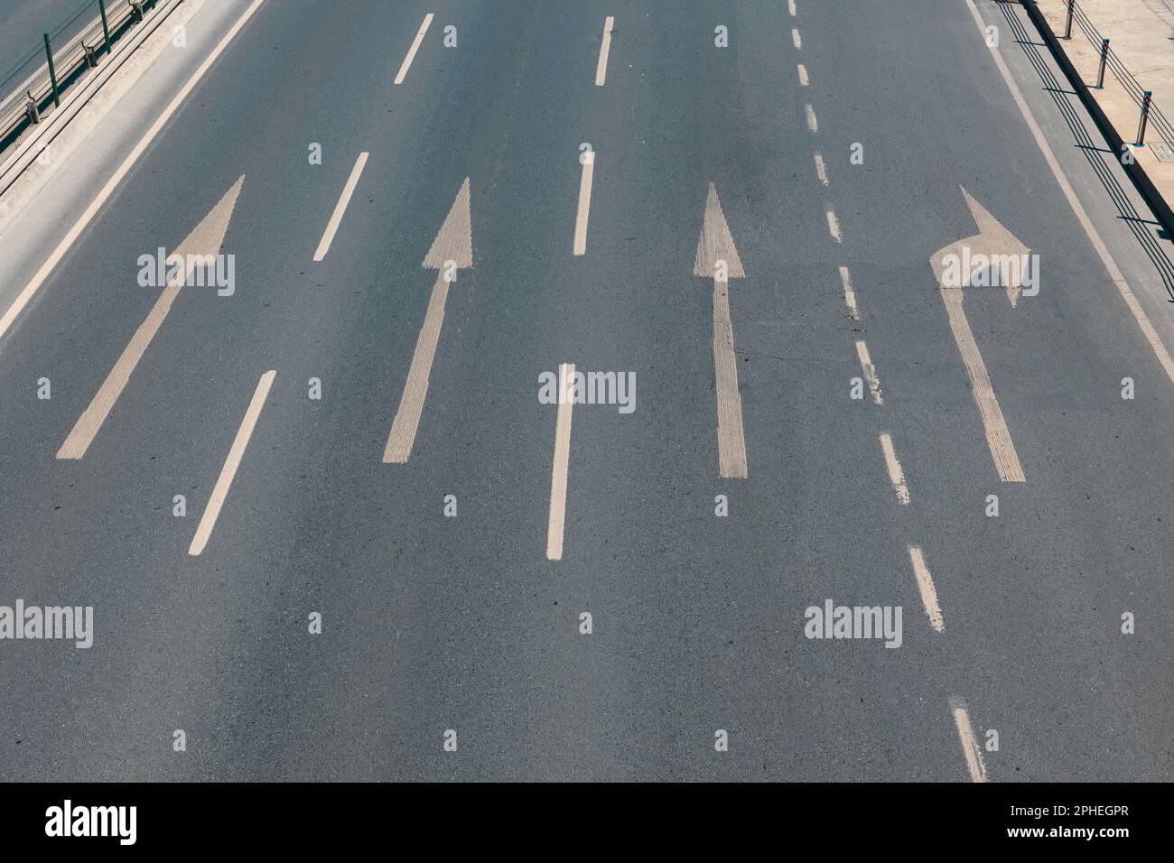 Highway with arrows on it. Top view of 4 lane highway. Transportation ...
