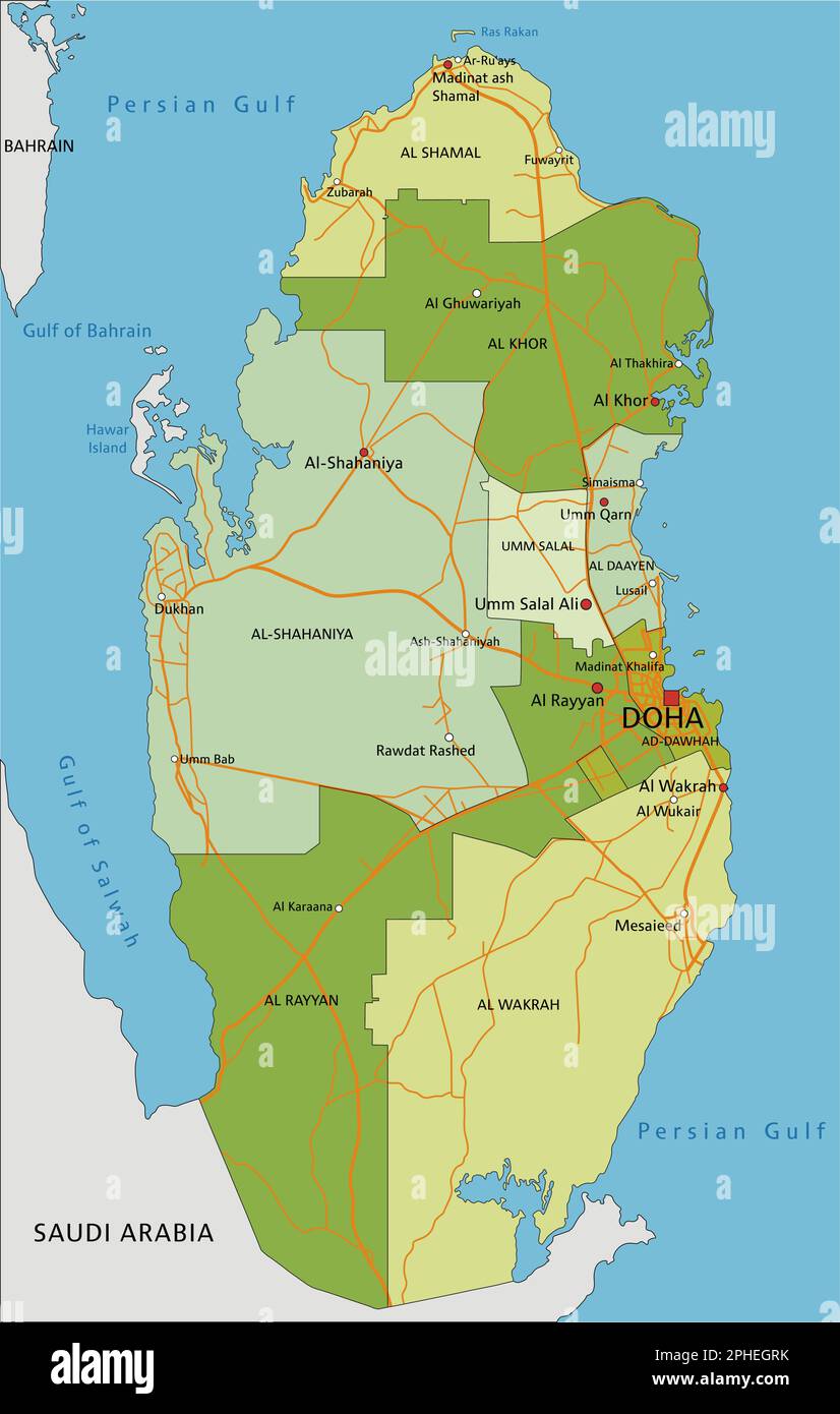 Highly detailed editable political map with separated layers. Qatar ...