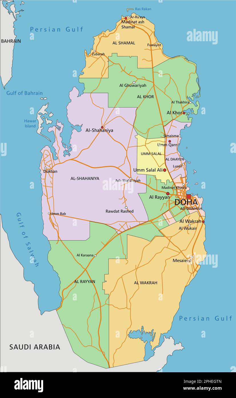 Qatar - Highly detailed editable political map with labeling Stock ...