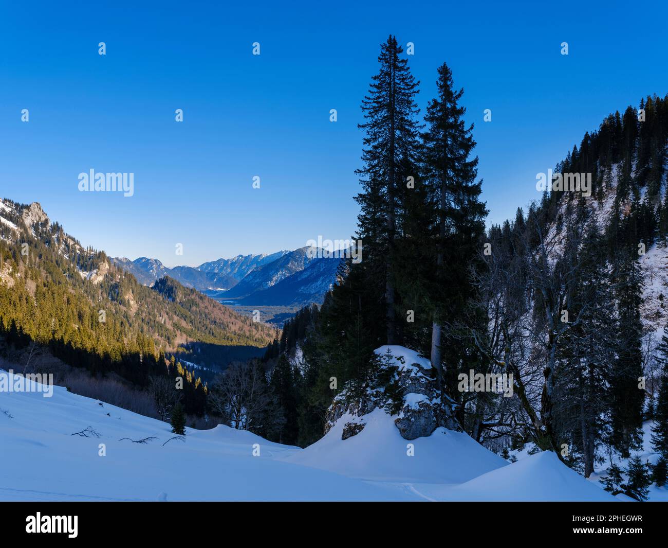 View towards Oberammergau and the valley of river Ammer. Natur Park ...