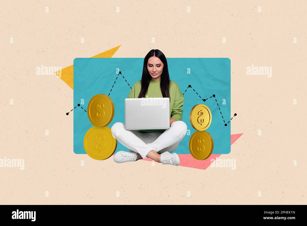 Photo cartoon comics sketch collage picture of smiling lady working ...