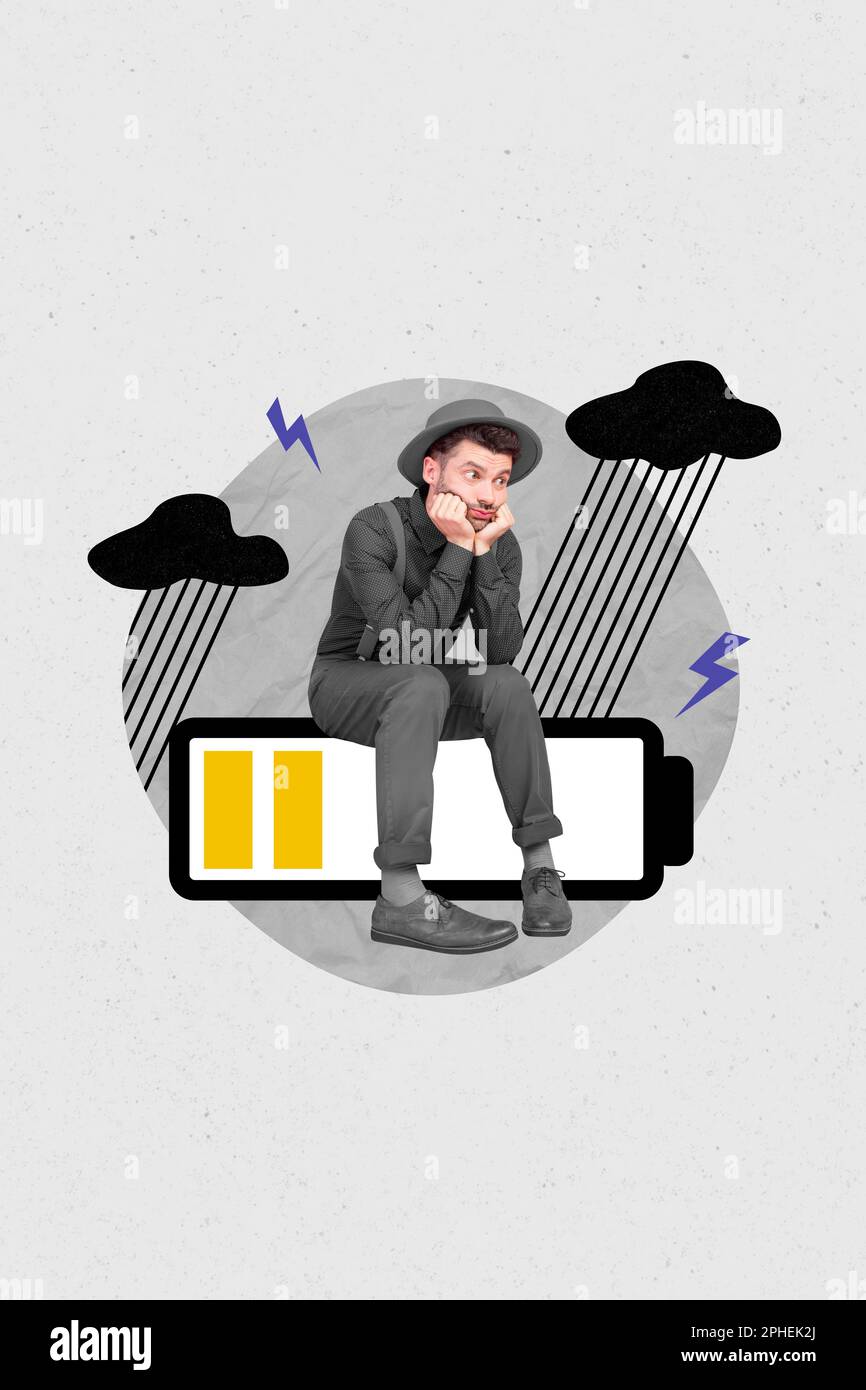 Artwork magazine collage picture of upset bored guy having low battery ...