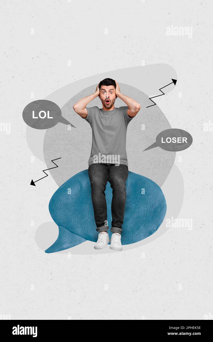 Photo collage artwork minimal picture of impressed upset guy getting ...