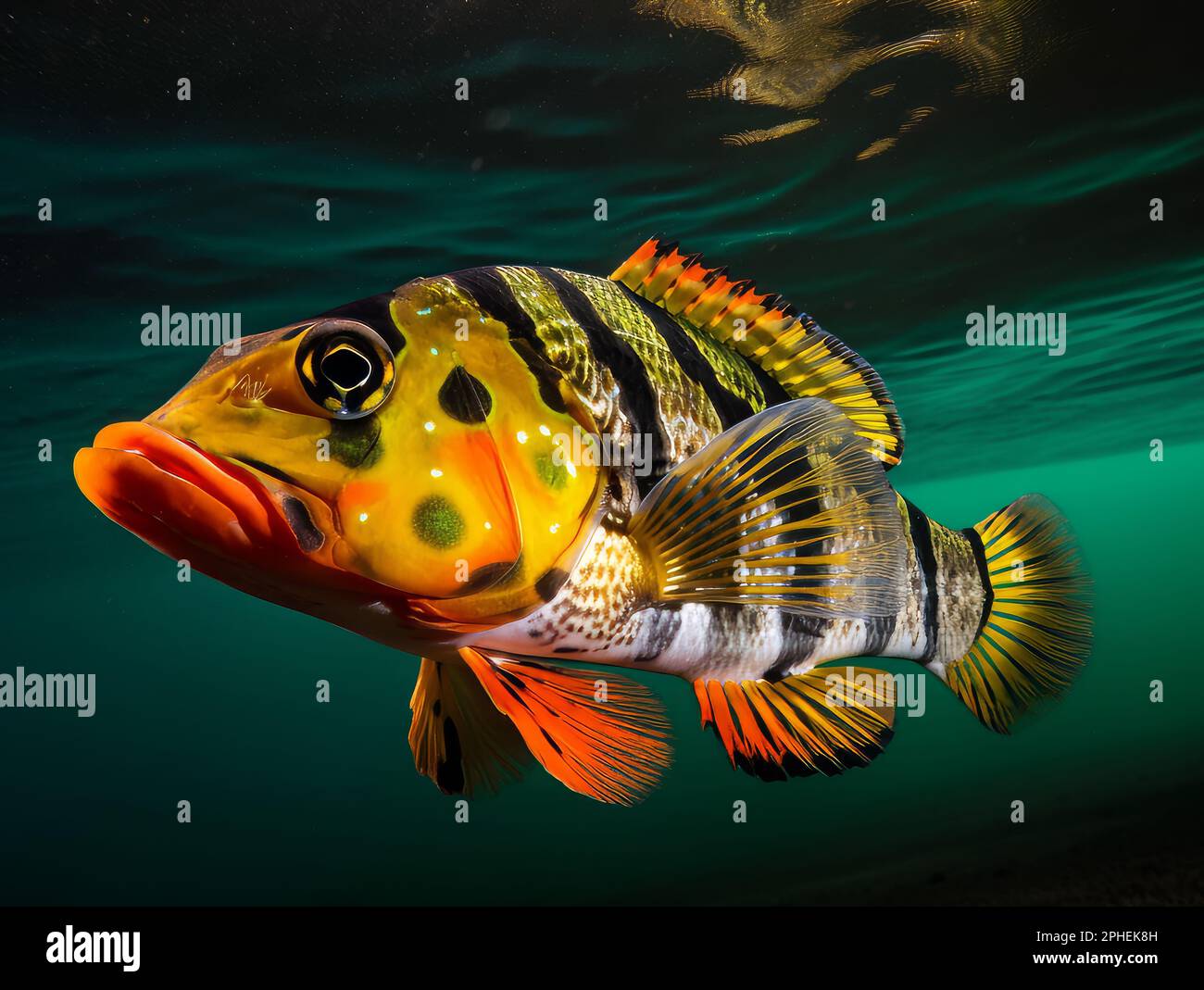 a striking Peacock Bass, displaying its vivid colors and unique ...