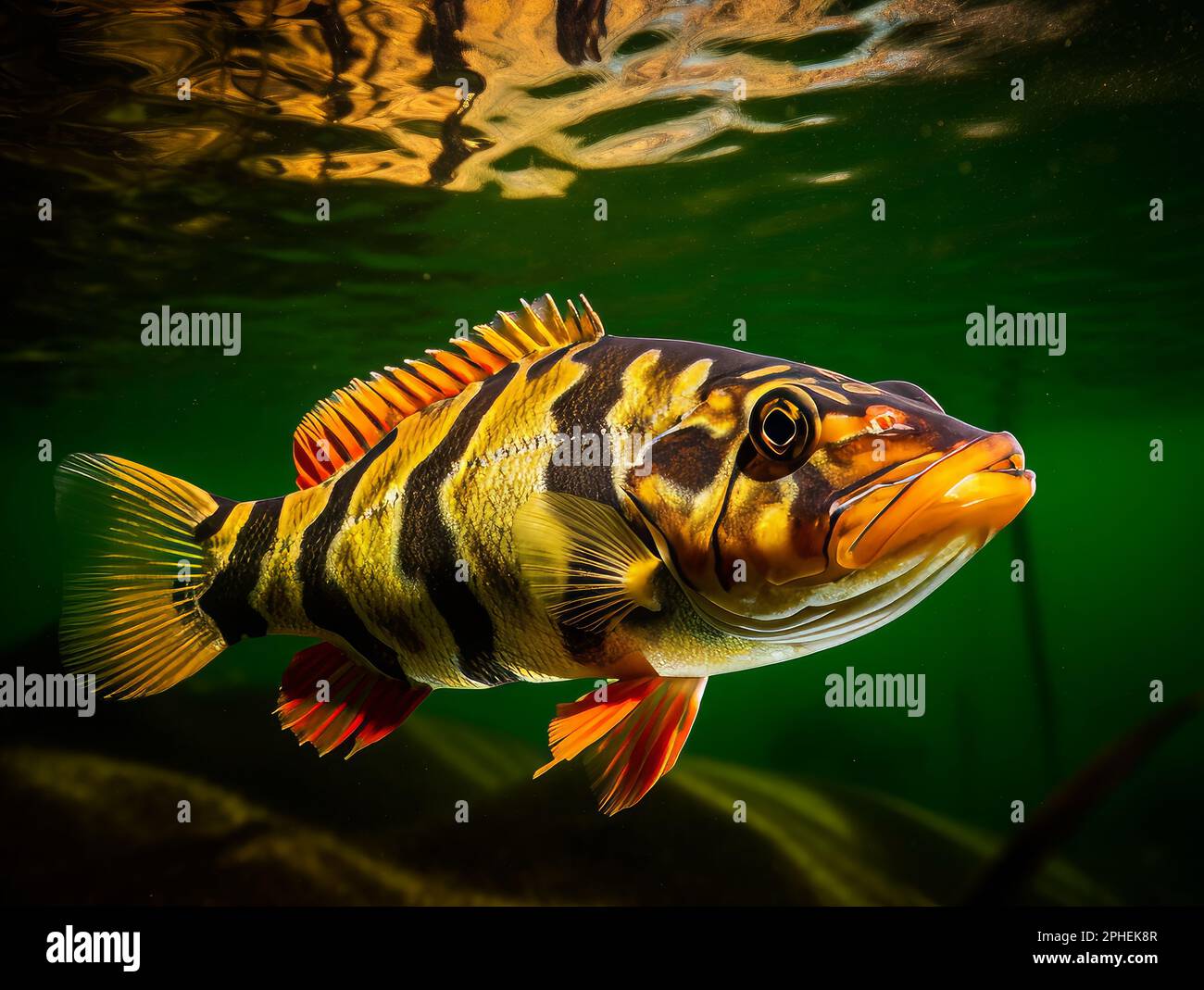 a striking Peacock Bass, displaying its vivid colors and unique ...
