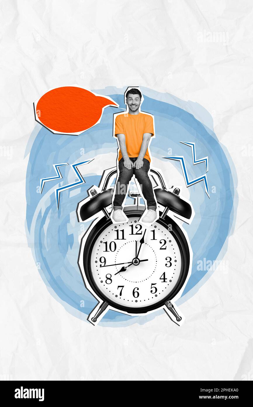 Vertical creative photo template collage of funny positive guy sit on ...