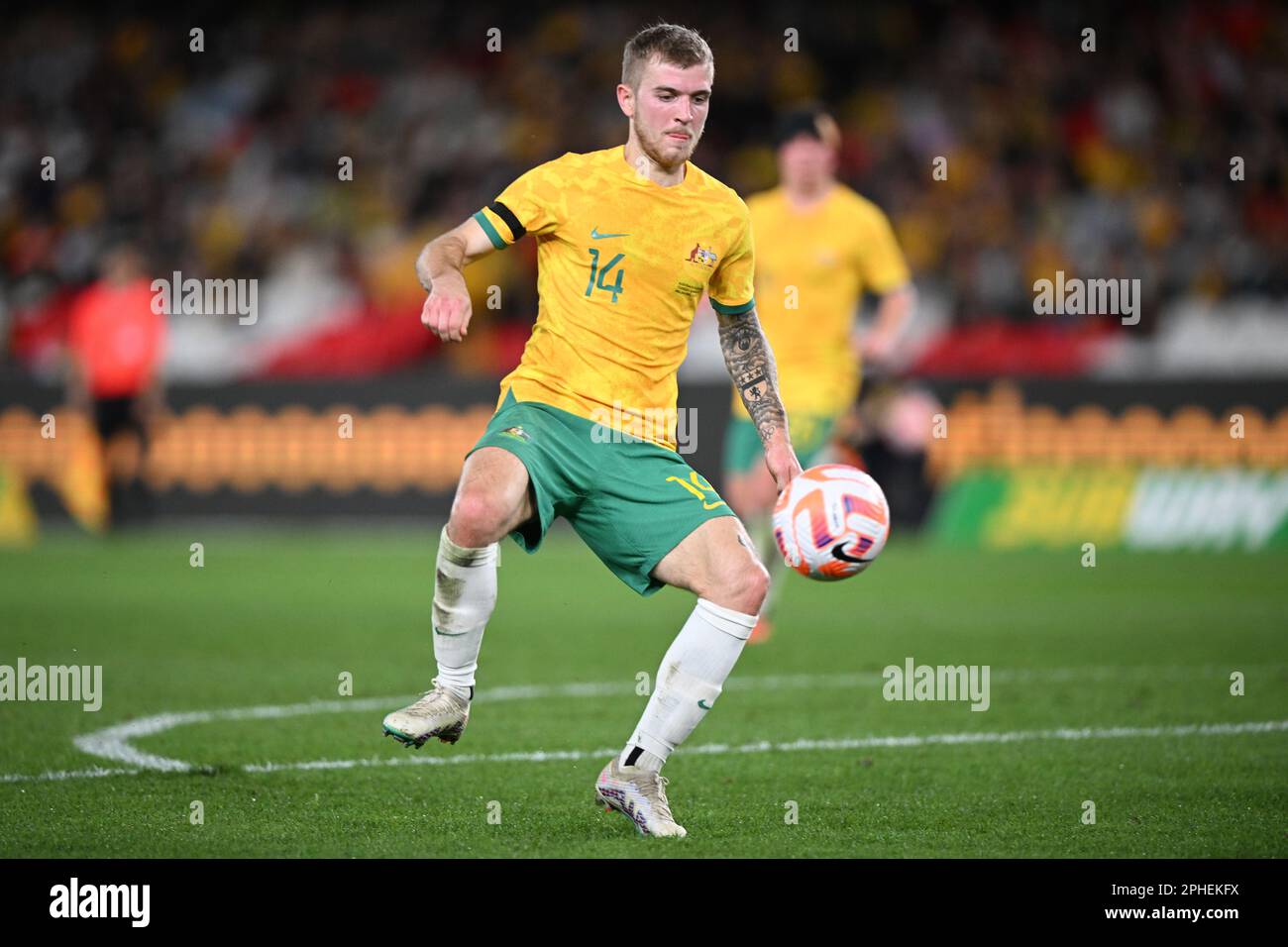 Riley McGreel of Australia in action during the soccer match between ...