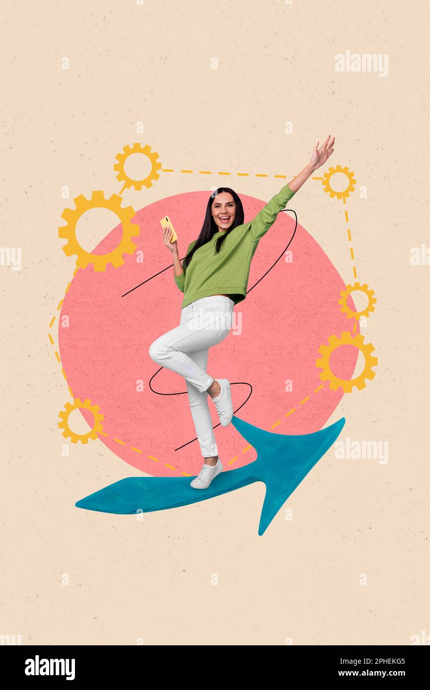 Collage artwork graphics picture of happy smiling lady creating new app ...