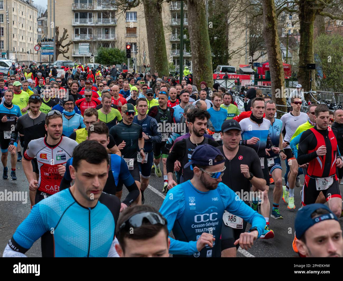 Caen, France 2023. Triathlon competition, athletes running in a group ...