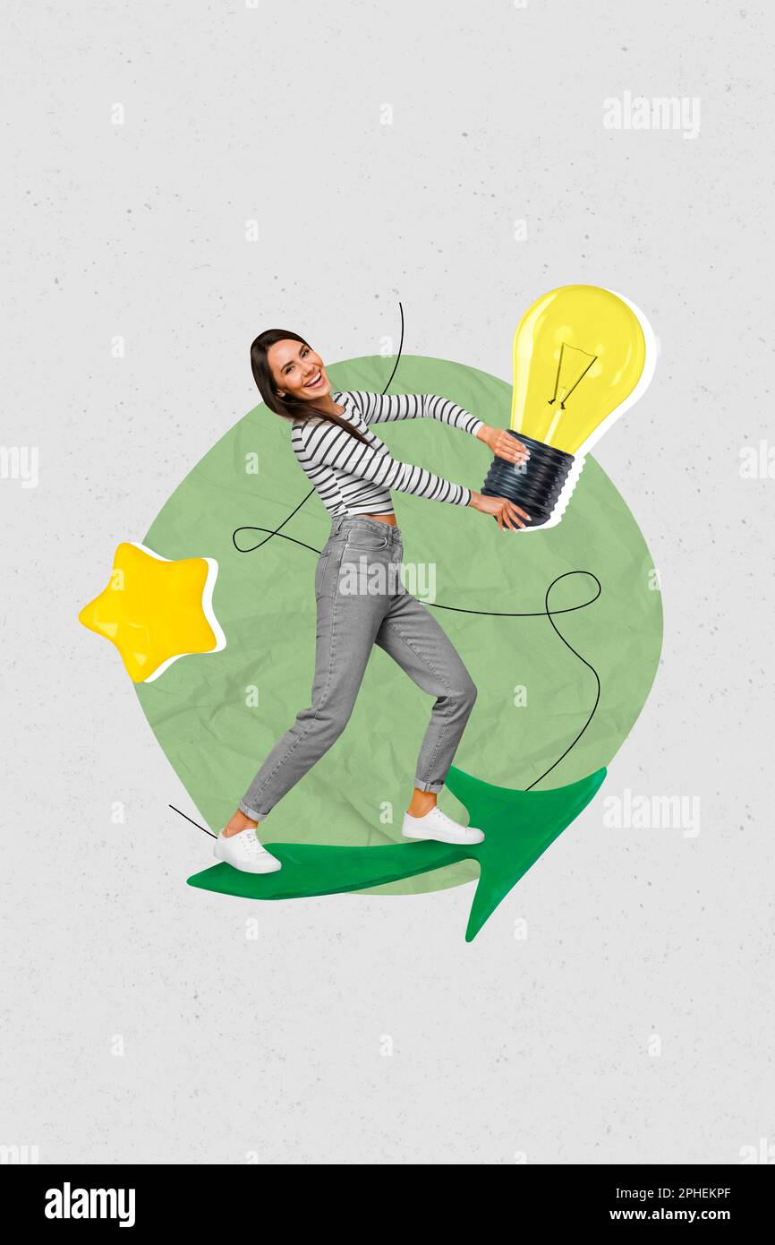 Vertical photo collage picture image of cheerful positive girl hold big ...