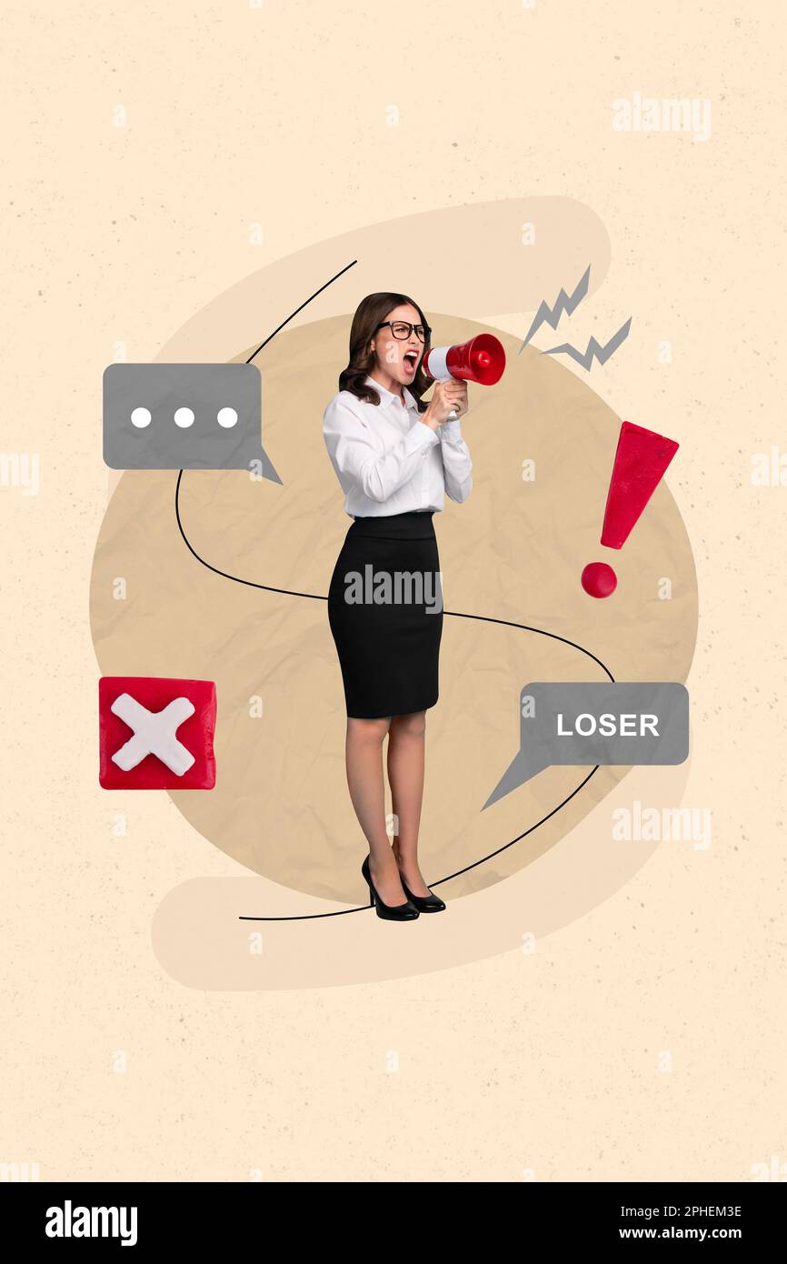 Artwork magazine collage picture of angry bossy lady screaming bullhorn ...