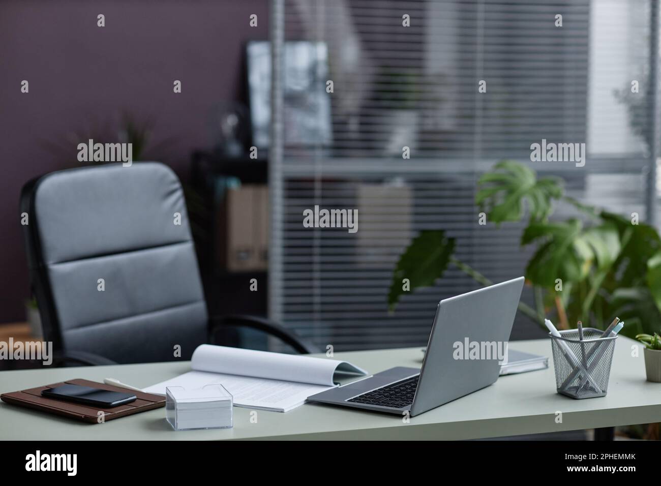 Background image of modern workplace desk in office decorated with live ...