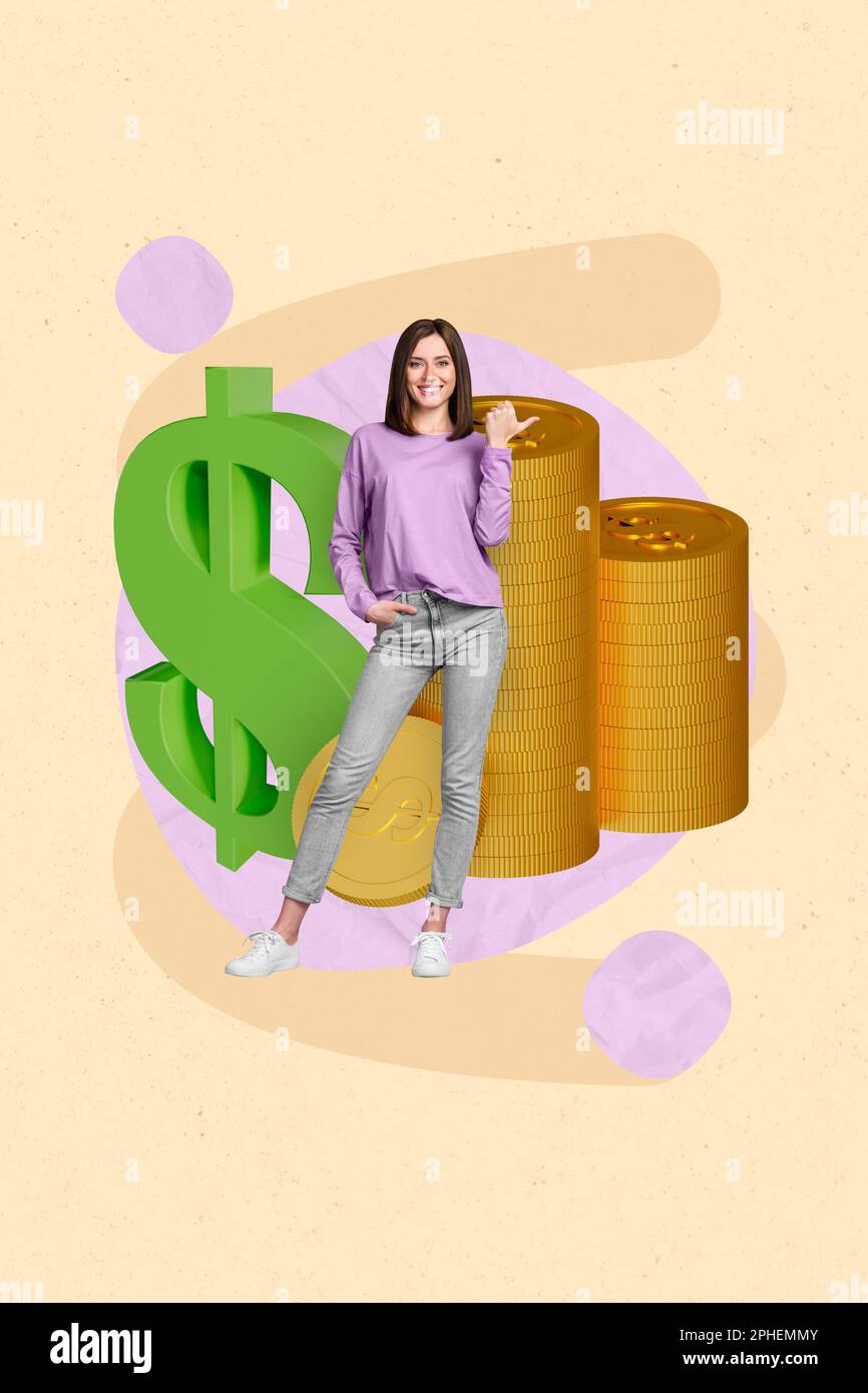 Vertical collage artwork image sketch of successful happy girl stand ...